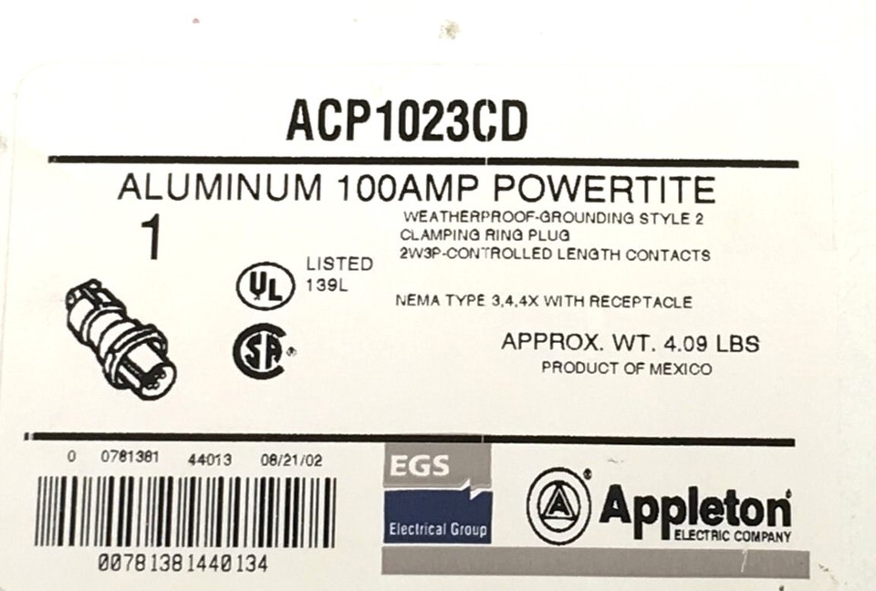 Appleton ACP1023CD 100 Amp Pin & Sleeve Plug 2 Wire 3 Pole Style 2 ...