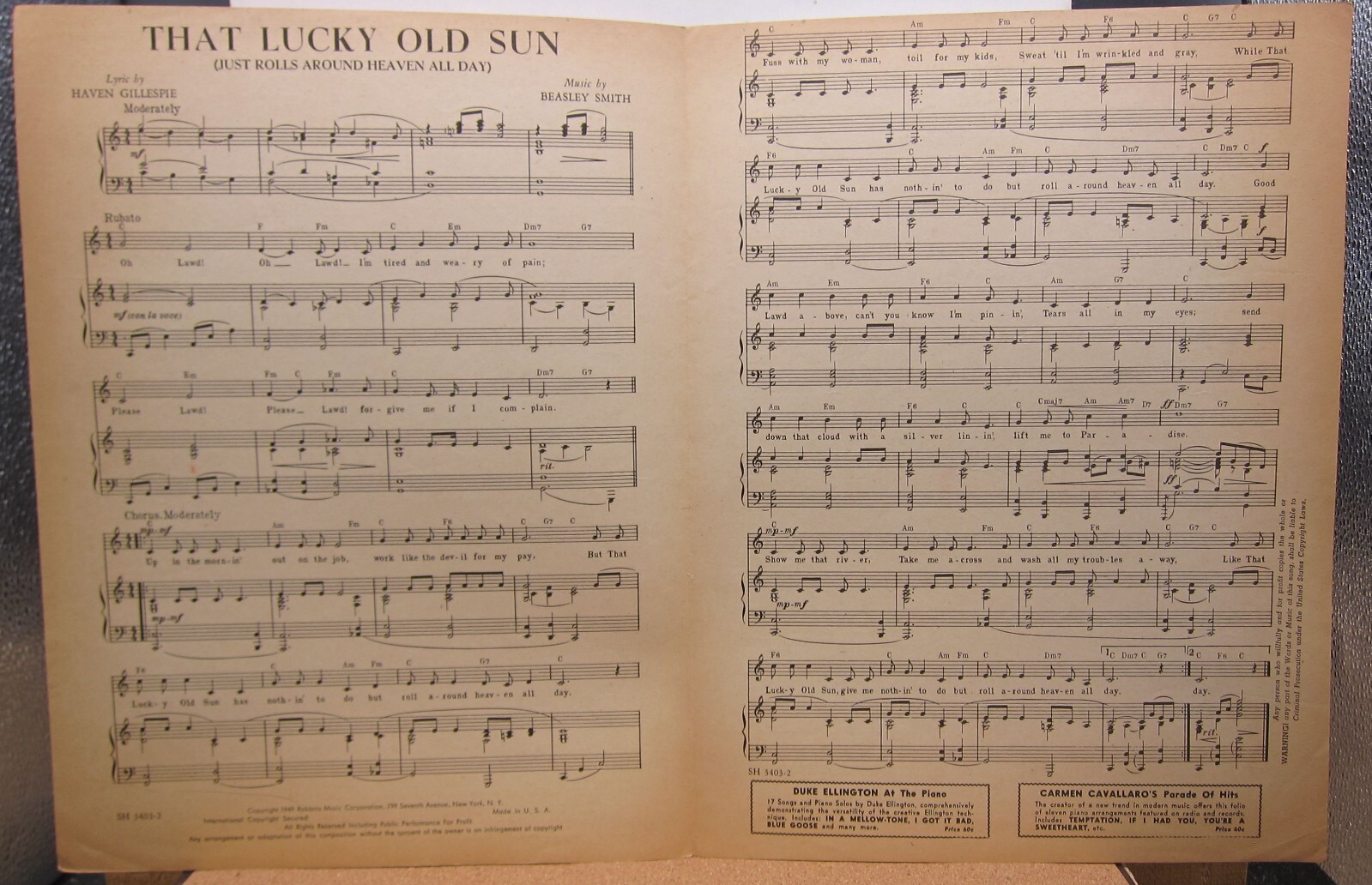 That Lucky Old Sun - Haven Gillespie & Beasley Smith -Sheet Music 1949 ...