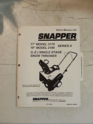 Vintage Snapper Single Stage Snow Thrower Series 0 Parts Manual. | eBay