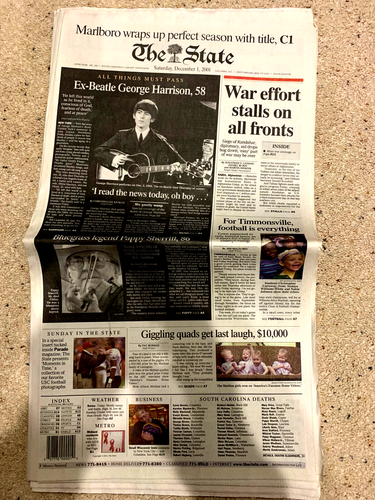THE STATE NEWSPAPER - complete Dec. 1, 2001 - Beatle George Harrison's ...