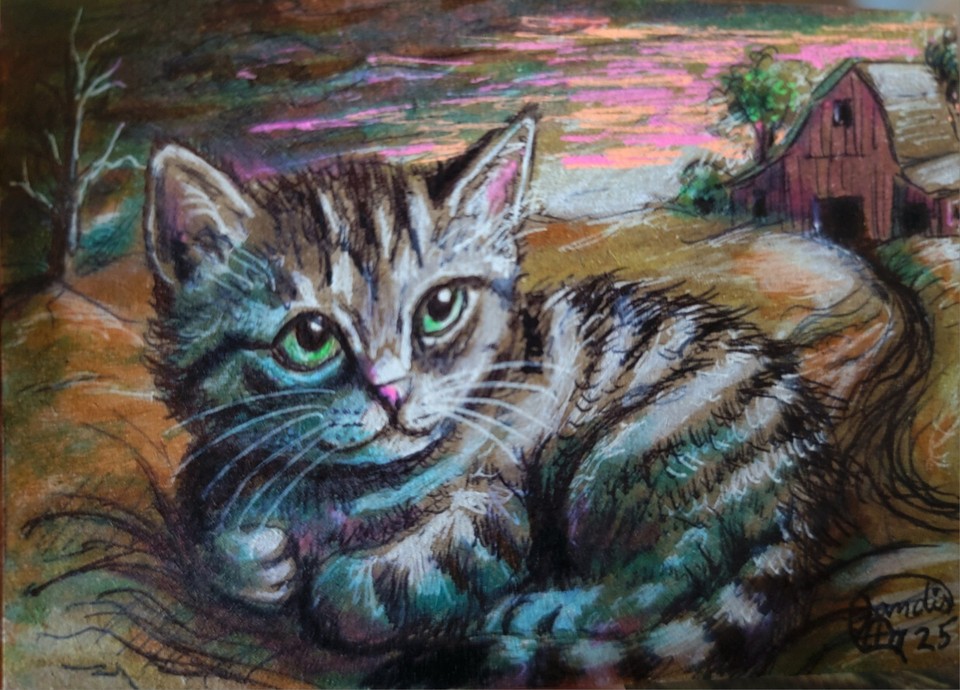 Jacob Landis HANDMADE ORIGINAL art ACEO Cute Tabby Cat Warrior "The ...