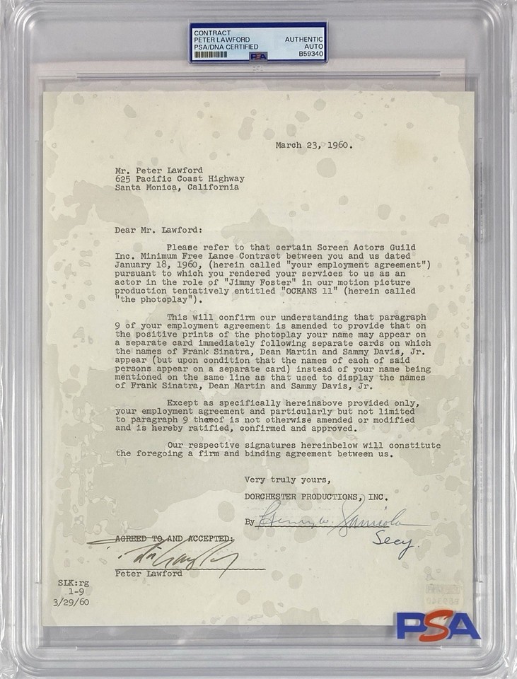 Ocean’s 11 1960 Rat Pack Signed Contracts Sinatra, Martin, Davis Jr ...