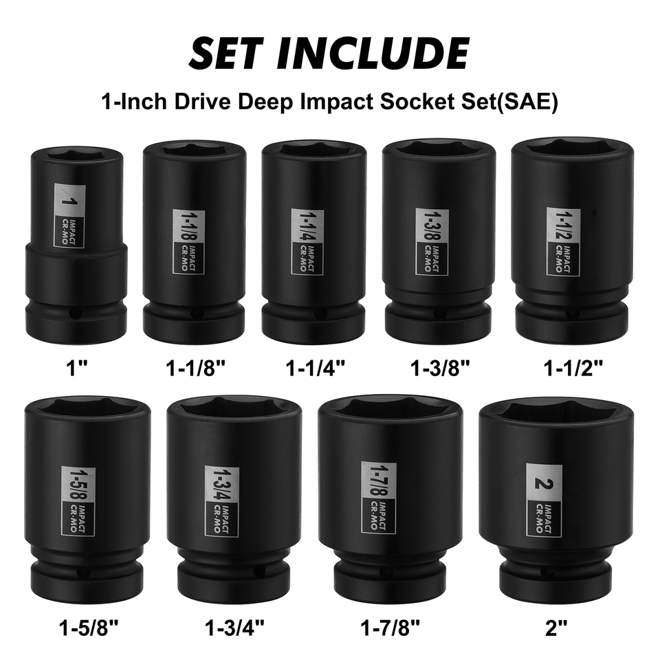 1" Drive Spindle Axle Nut Impact Socket Set Deep 1" to 2" 9PCS 6-Point ...