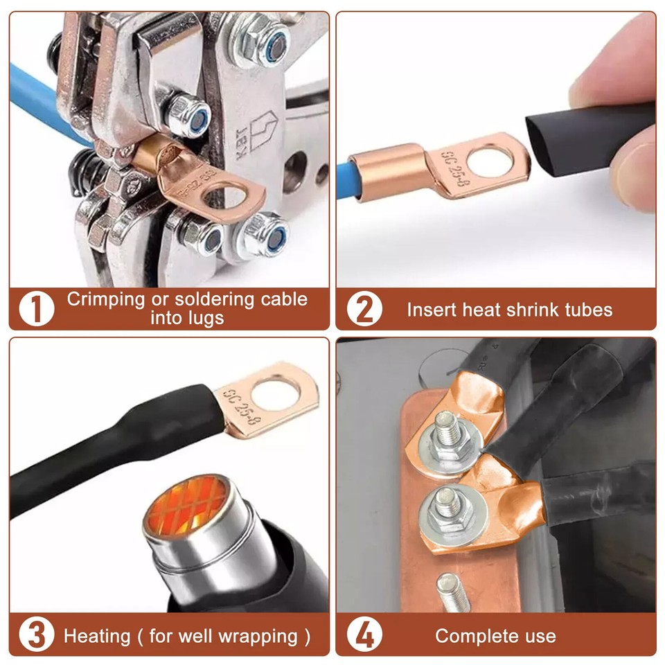 Copper Battery Cable Ends Wire Lugs Assortment Kit AWG 2 4 6 8 10 Gauge ...