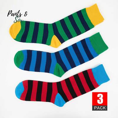 3 Pairs Mens Striped Crew Premium Cotton Socks Colorful Blue Black Red ...