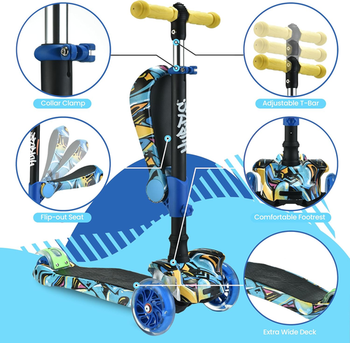 3-Wheeled Scooter for Kids - Wheel LED Lights, Adjustable Lean-To-Steer ...