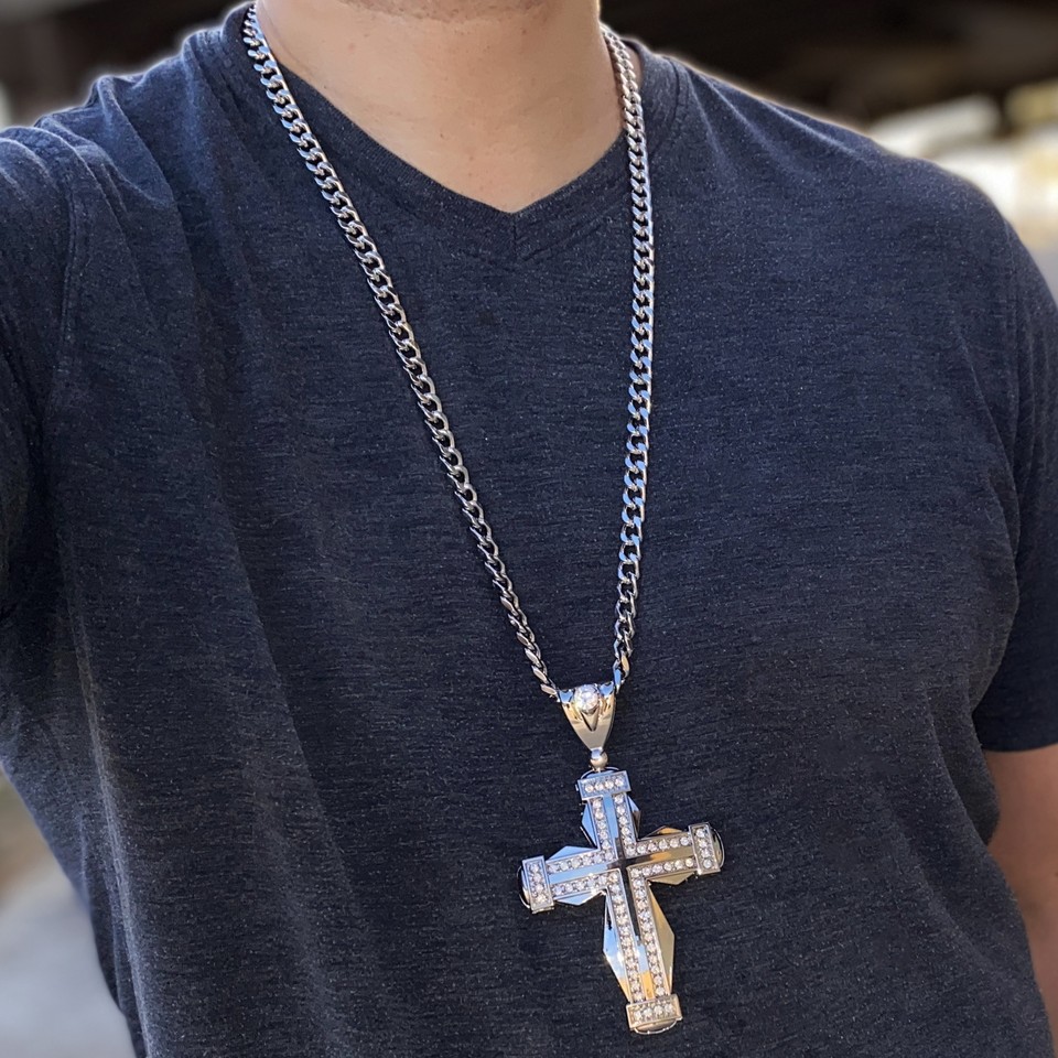 Men Huge Double Cross Pendant Jesus Necklace Silver Tone Hip Hop Cuban ...