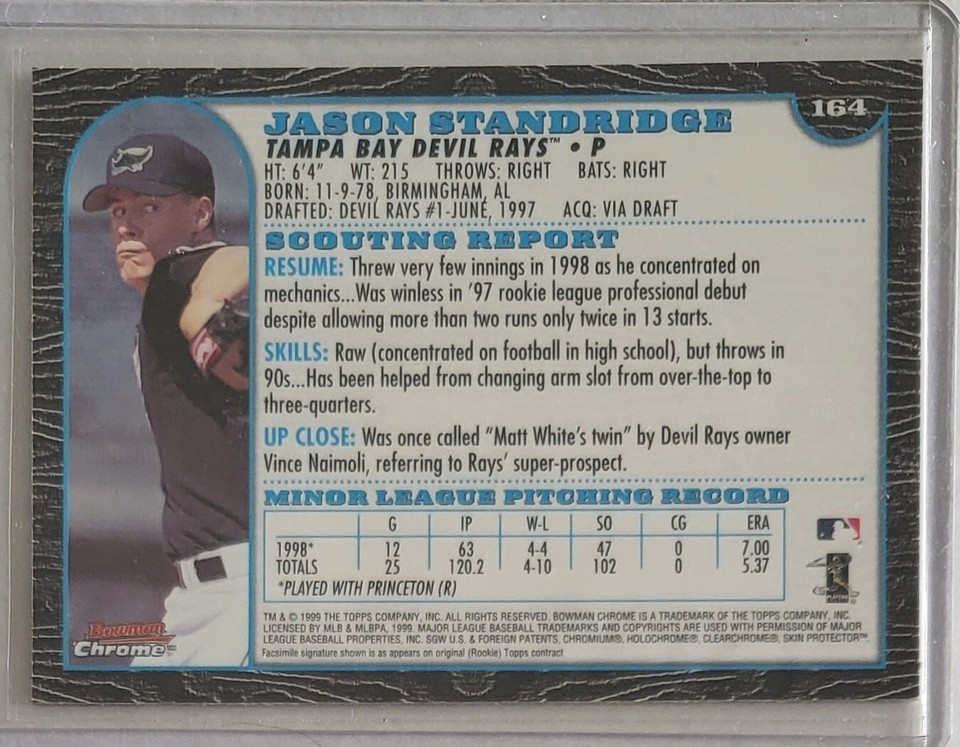1999 Bowman Chrome #164 Jason Standridge Tampa Bay Rays Baseball Card ...