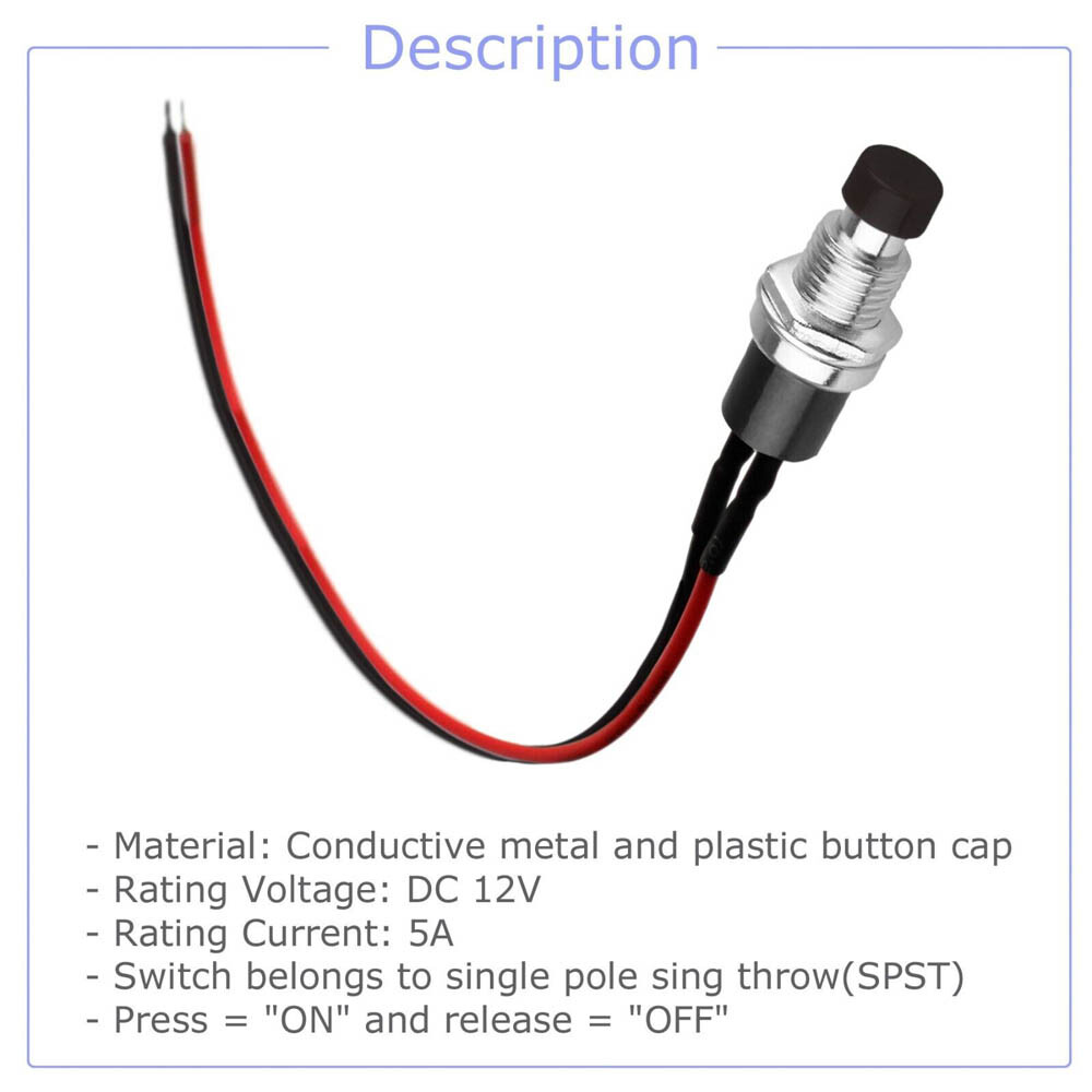 6Pcs 12V 5AMP SPST Mini Push Button Pre-Wired Momentary N/O OFF-ON ...