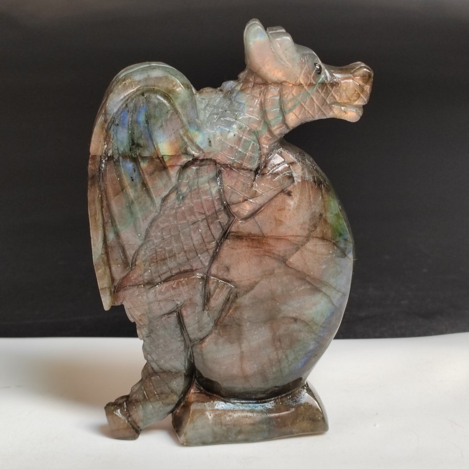 Natural crystal Labrador mineral raw stone, hand carved, Flying Dragon ...