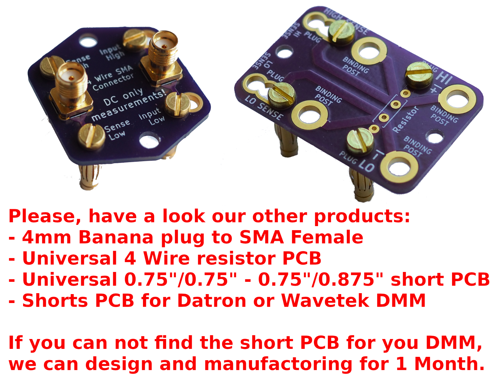 4 Wire DMM short gold plugs PCB with handle for HP/Agilent/Keithley 6,7 ...