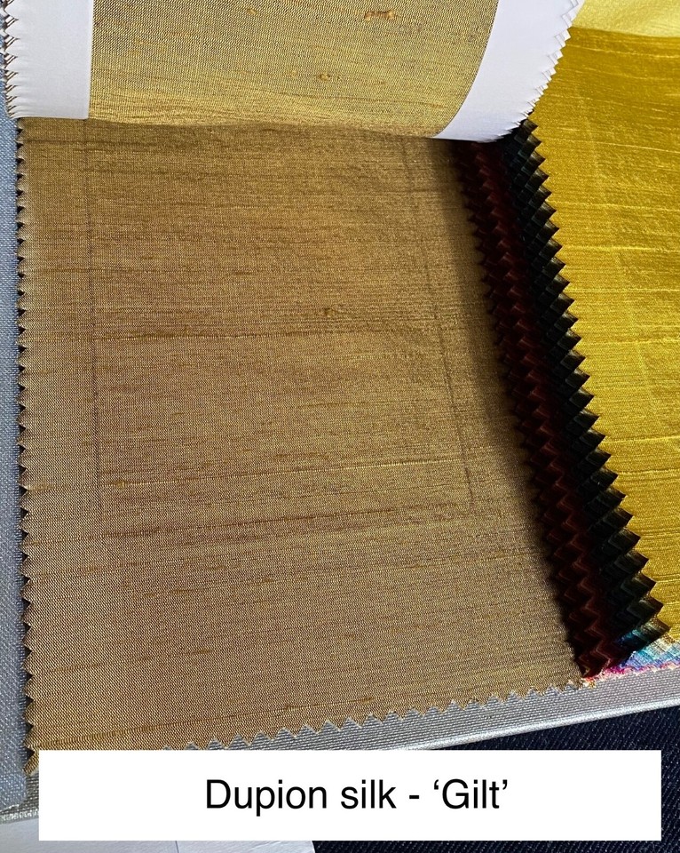 GOLD REAL SILK FABRIC SAMPLE. MTM WINDOW CURTAINS. PENCIL PINCH PLEAT ...