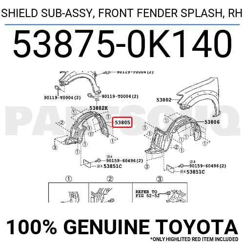 538750K140 Genuine Toyota SHIELD SUB-ASSY, FRONT FENDER SPLASH, RH ...