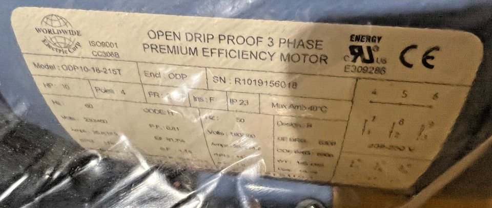 WORLDWIDE ELECTRIC ODP10-18-215T 10 HP 1800 RPM 208-230/460V ODP ...