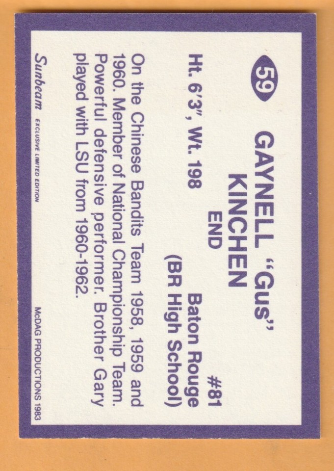 Gus Gaynell Kinchen LSU Tigers AUTO Signed 1983 Sunbeam Card Baton ...