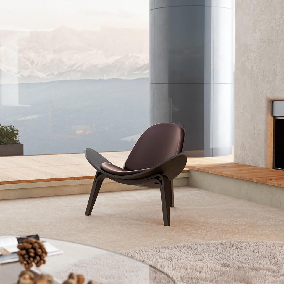 2026 Mid-Century Modern Shell Lounge Chair Leather Accent Solid Wood ...