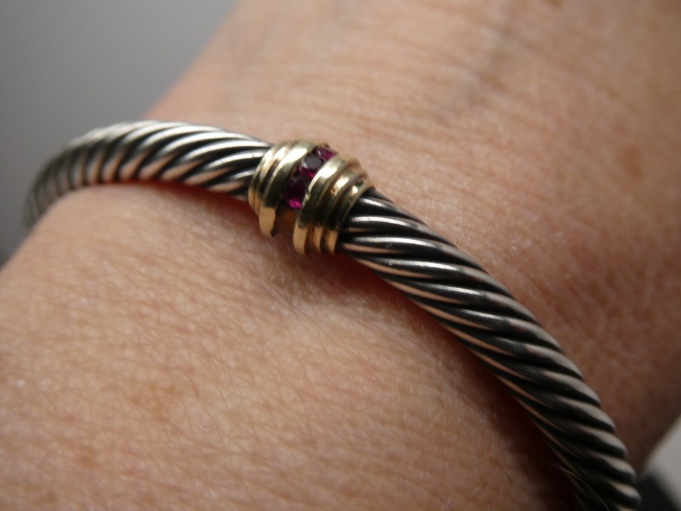 David Yurman RUBY Sterling Silver 925 & 14k YG 5mm Cuff Bracelet Size 6 ...