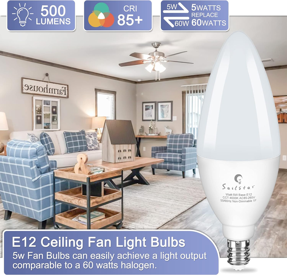 Candelabra Light Bulbs 60 Watt Equivalent Small Base Type B LED Bulbs ...