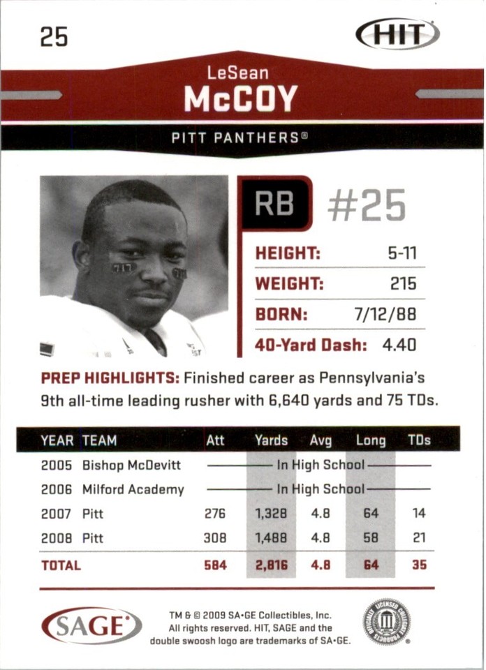 LeSean McCoy 2009 Sage Football Hit Rookie #25 Pitt Panthers Eagles ...