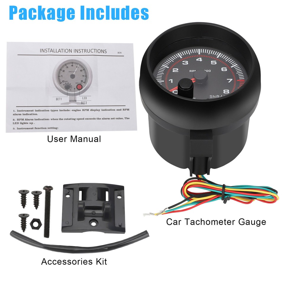 3.75'' 8000RPM Chrome Car Tachometer Tacho Gauge 12V with Blue LED ...