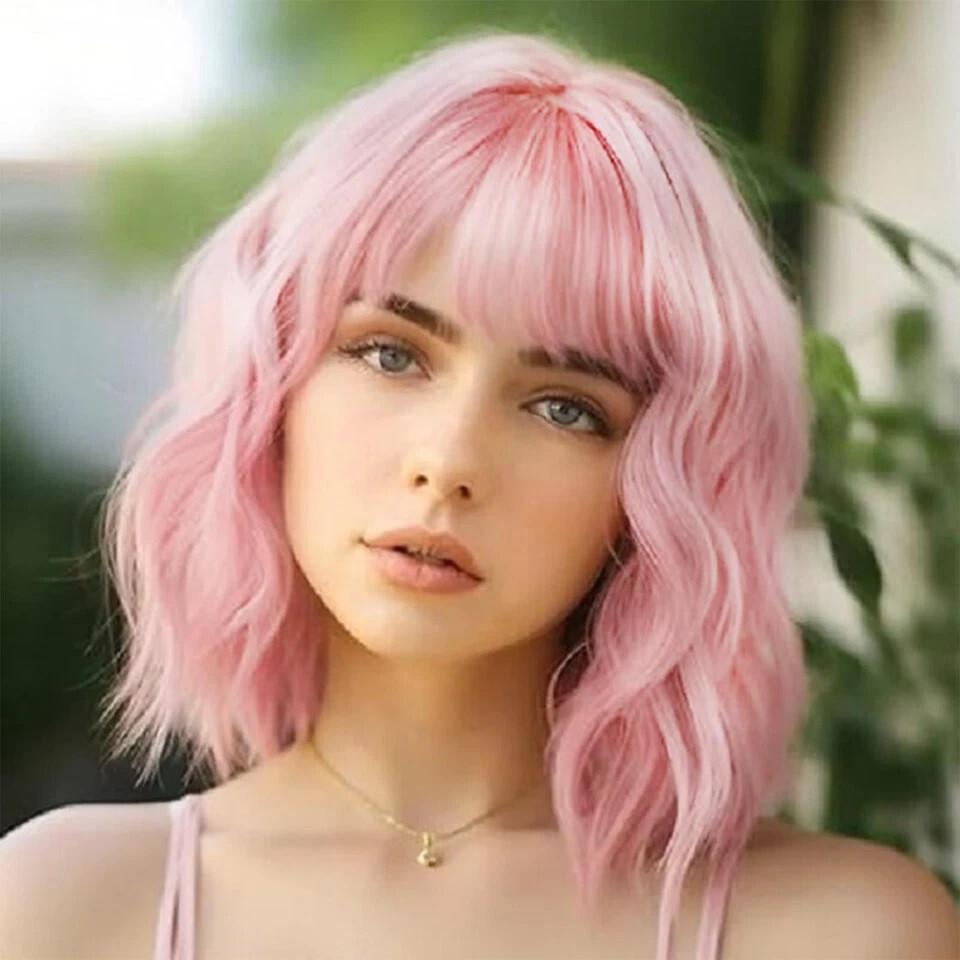 Lancani Pastel Pink Bob Wig bangs women loose wavy shoulder length ...