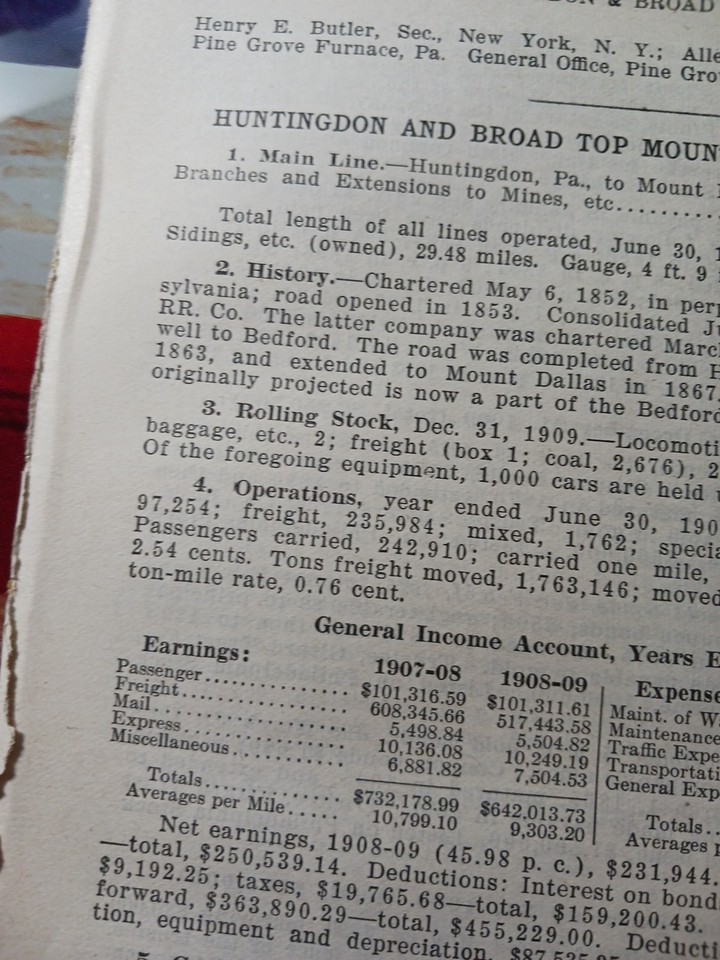 1910 Railroad Report HUNTINGTON & BROAD TOP MOUNTAIN RAILROAD AND COAL ...