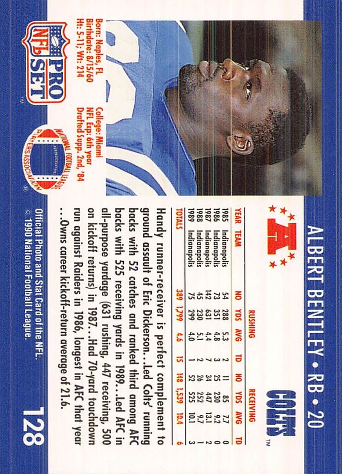 Albert Bentley 1990 Pro Set 128 Indianapolis Colts Football Card | eBay
