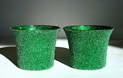 Vintage 2 Biedermann Green Glittery Beaded Glass Flare Top Votive ...