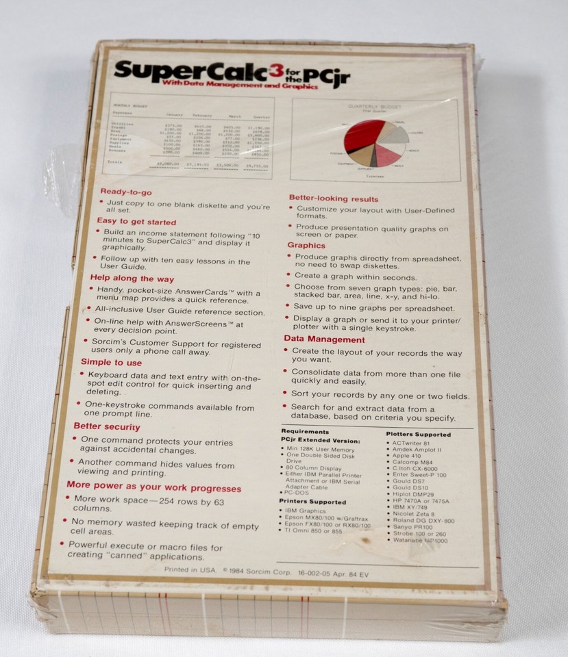 Vintage SuperCalc 3 5.25" PCjr NEW NOS ST534B07 | eBay