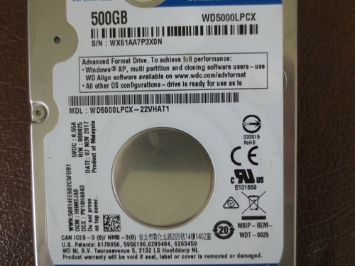 Western Digital WD5000LPCX-22VHAT1 DCM:HHMTJAB 500gb 2.5" Sata hard ...