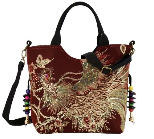 NEW BOHO Crossbody Tote Embroidered Beaded Phoenix Bird Burgundy Red ...