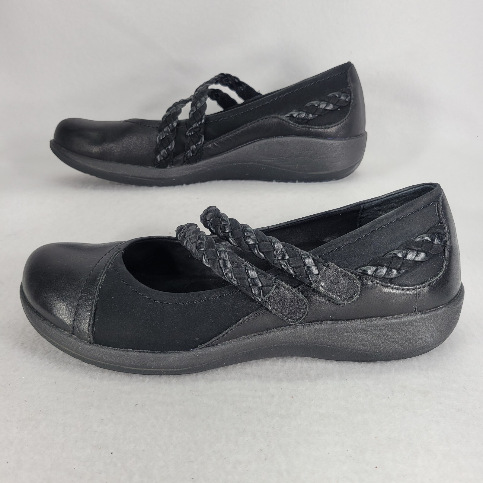 AETREX Annie Mary Jane Shoes Womens SZ 7.5 Black Leather Braided Straps ...