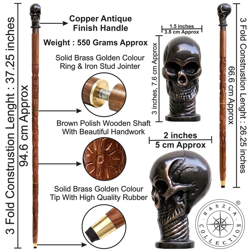 Skull Head Design Wooden Walking Stick Vintage Gift for Men & Women ...
