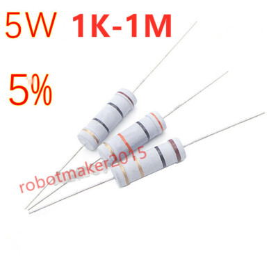 10Pcs 5W 5 Watt Carbon Film Resistor ±5% 1K -910K Ω Ohm 1 K - 910 K-1M ...