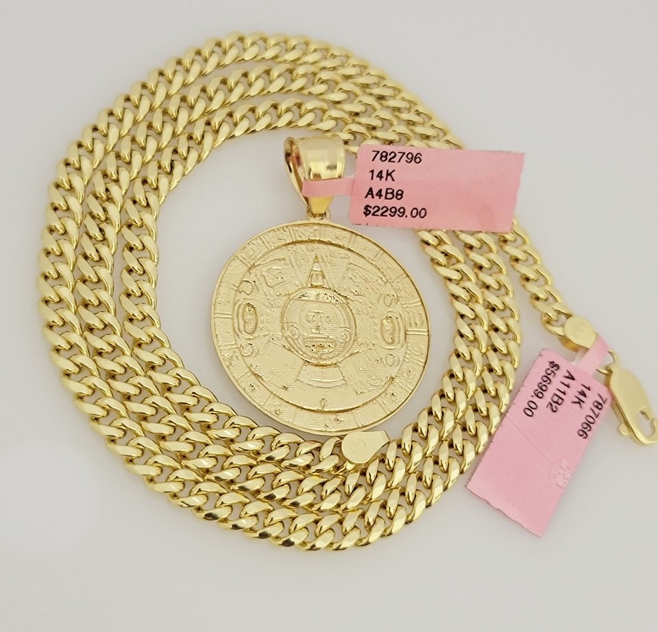 Real 14k Gold Miami Cuban Link Chain Mayan Charm Pendant SET 5mm ...