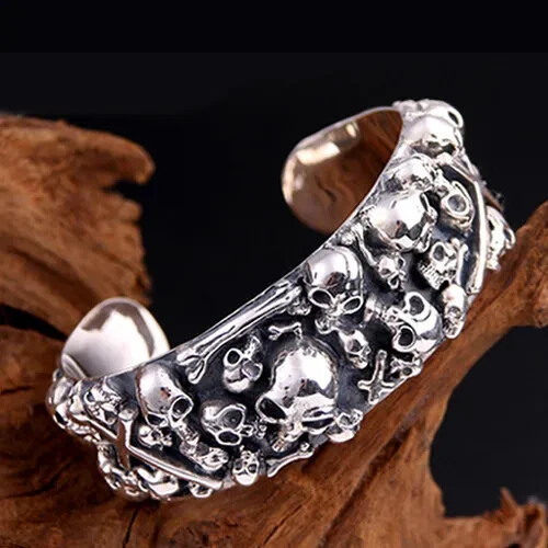 Real Solid 925 Sterling Silver Cuff Bracelet Skeletons Skulls Cross ...