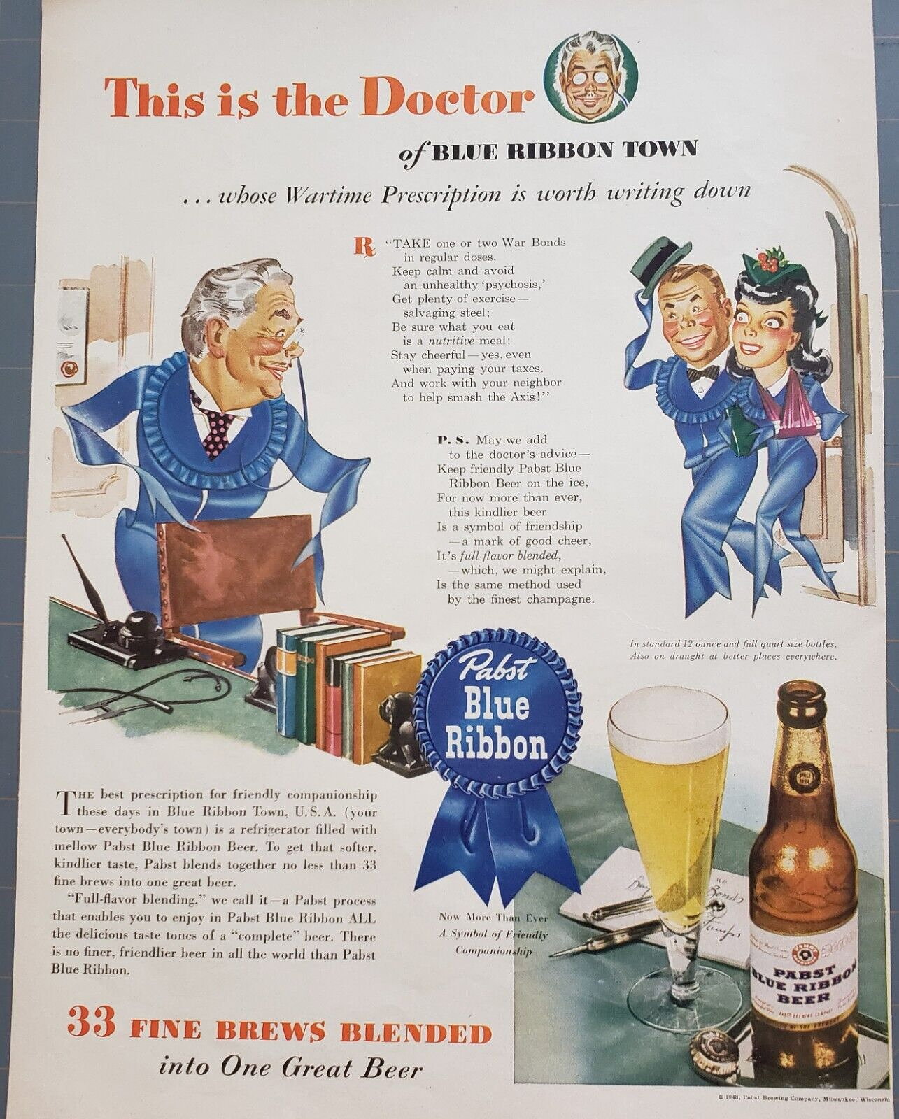 1943 Pabst Blue Ribbon Beer Doctor Wartime Prescription Vintage Print ...