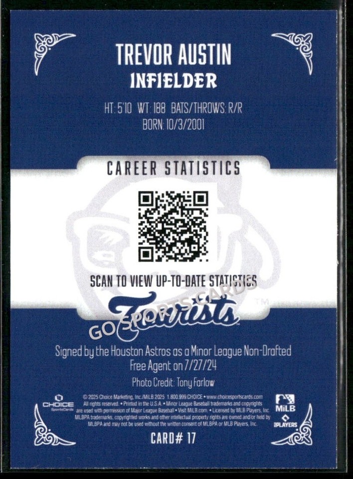 2025 Asheville Tourists Trevor Austin RC Rookie Astros Minor League | eBay