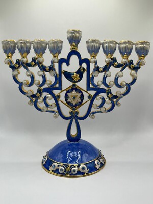 Matashi Hand Painted Enamel-9 Branch Menorah Candelabra, Hamsa & Doves ...
