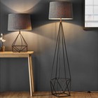 Geometric Frame Table Lamp Aged Copper & Grey Fabric Shade Bedside ...