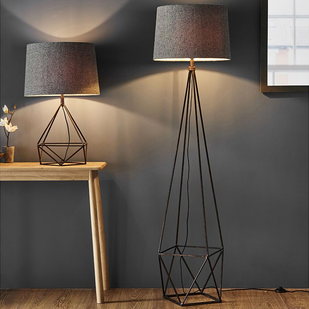 Geometric Frame Table Lamp Aged Copper & Grey Fabric Shade Bedside Feature Light 5056199854721 ...