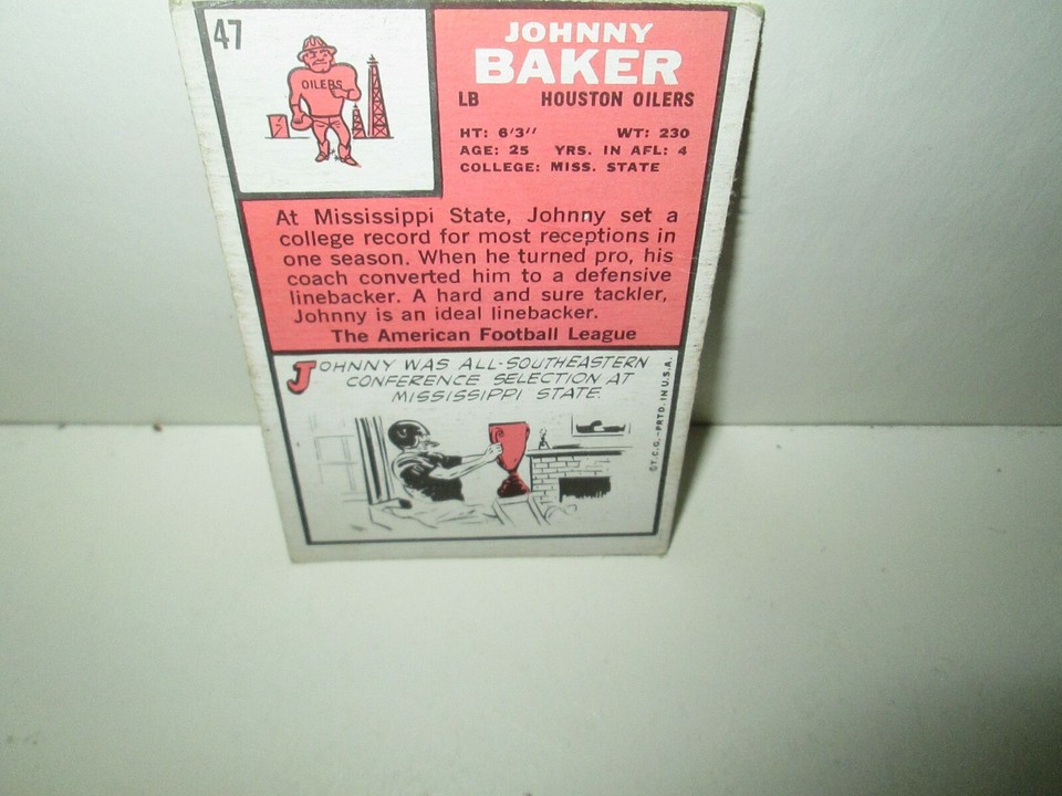 JOHNNY BAKER 1966 Football card Topps #47 Vintage HOUSTON OILERS LB Exc ...