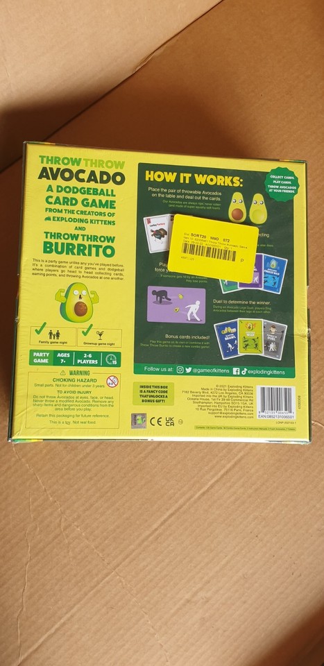 Throw Throw Avocado Game Exploding Kittens Board Game Card - New ...