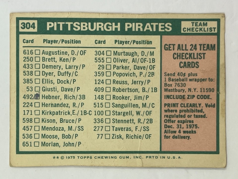 Pittsburgh Pirates Danny Murtaugh 1975 Topps Team Checklists #304 ...