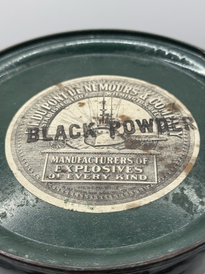 Antique 7" Black Powder Can DUPONT DE NEMOURS & COMPANY Empty Keg Tin ...