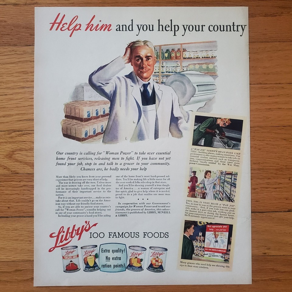1943 Libbys 100 Famous Foods Grocer Working Wornen Power Vintage Print ...