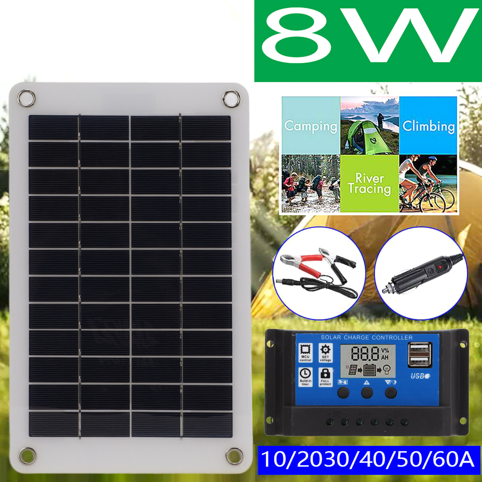 AU 8W Outdoor Polysilicon Solar Panels Kit Waterproof 100A Portable ...
