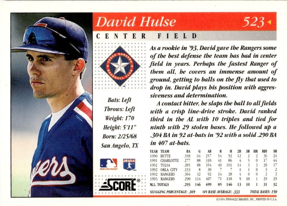David Hulse #523 Texas Rangers 1994 Score Baseball Card | eBay
