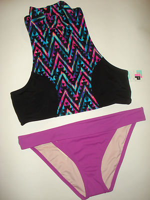 Victoria Secret Swim Bikini Large Top Medium Bottom Crop Black Purple ...
