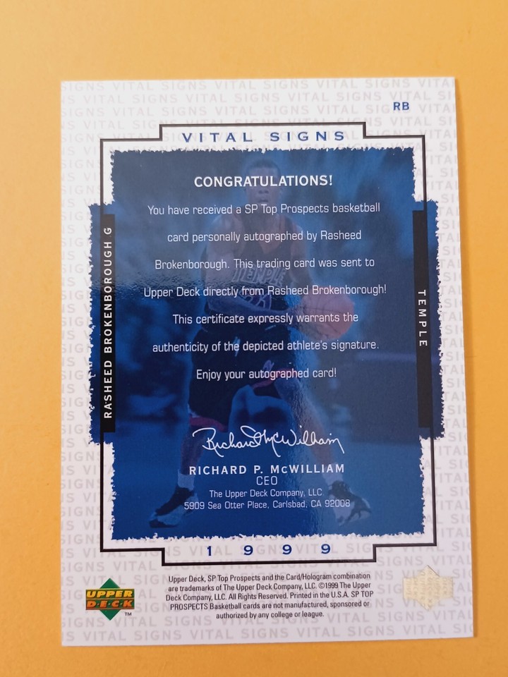 Rasheed Brokenborough 1999 UD SP Top Prospects Vital Signs Autograph ...